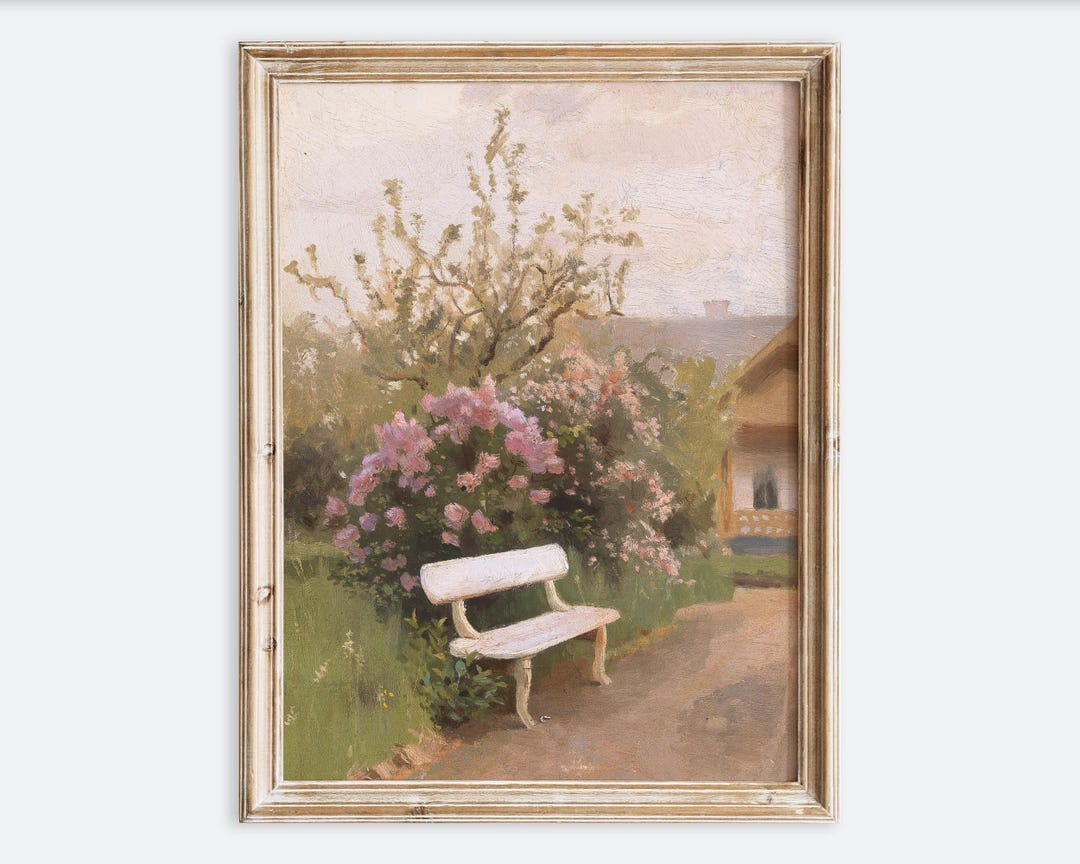 Vintage Bench Spring Flower Garden Landscape Painting Wall Art Print ...