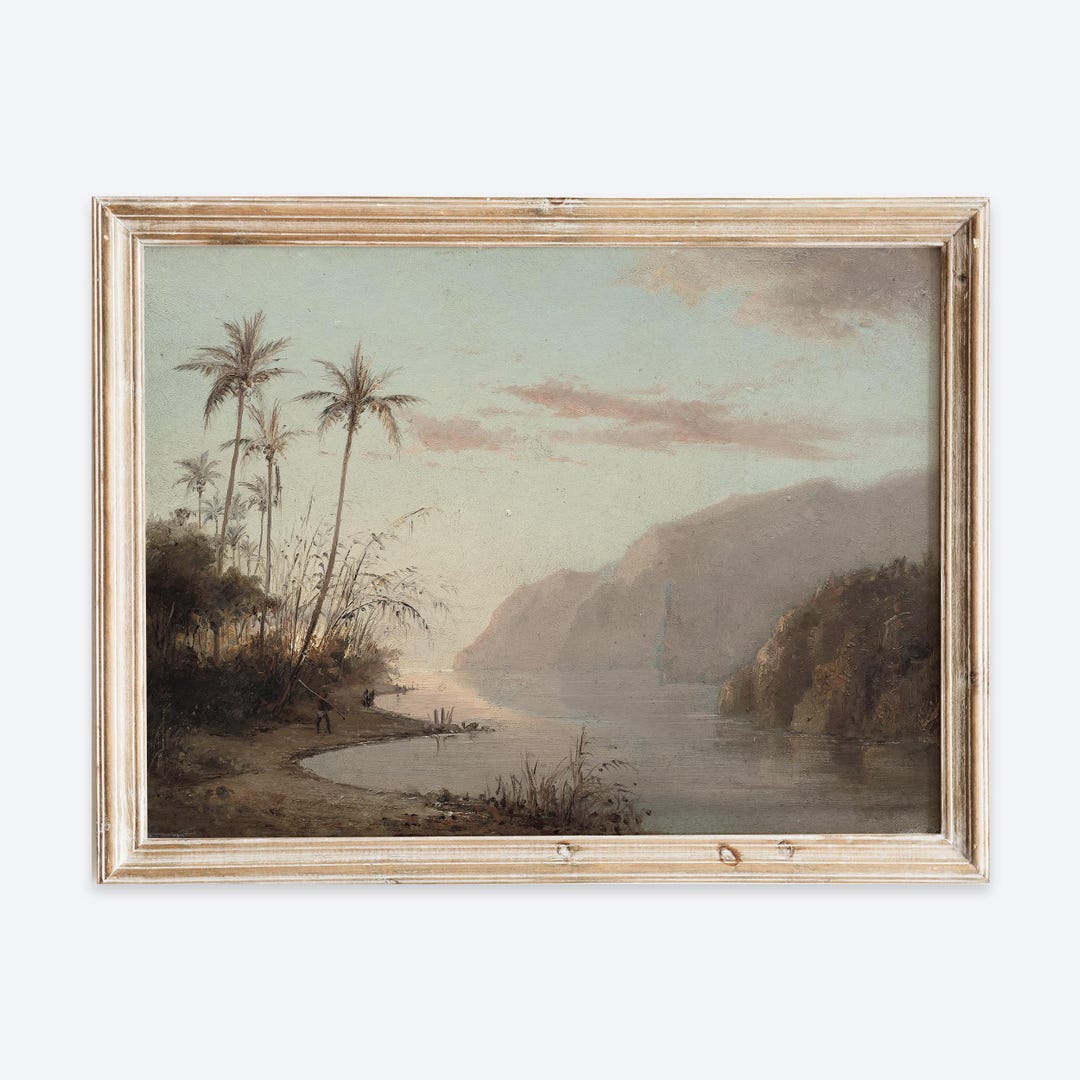 Rustic Vintage European Countryside Creek Lake Mountain Oil Painting ...