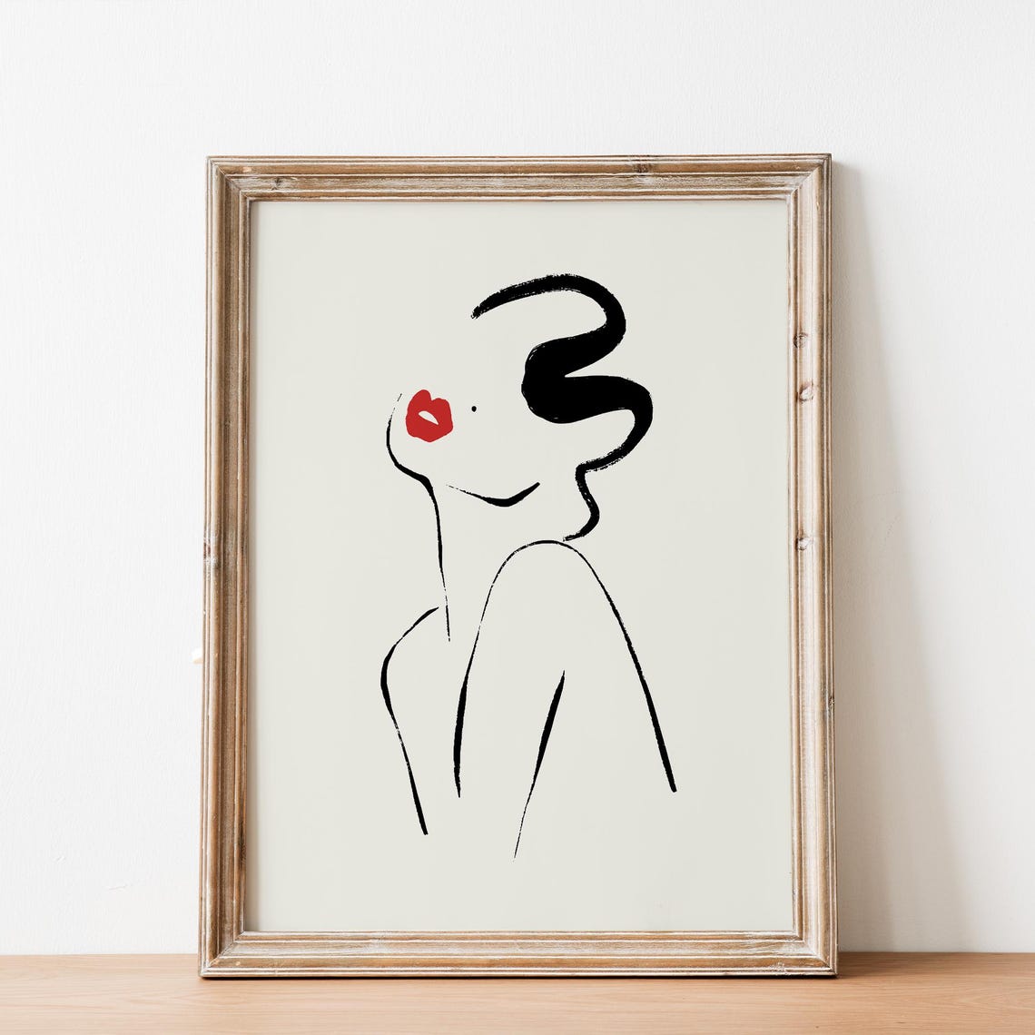 One Line Modern Girl With Red Lips Silhouette Line Art Print | Single ...