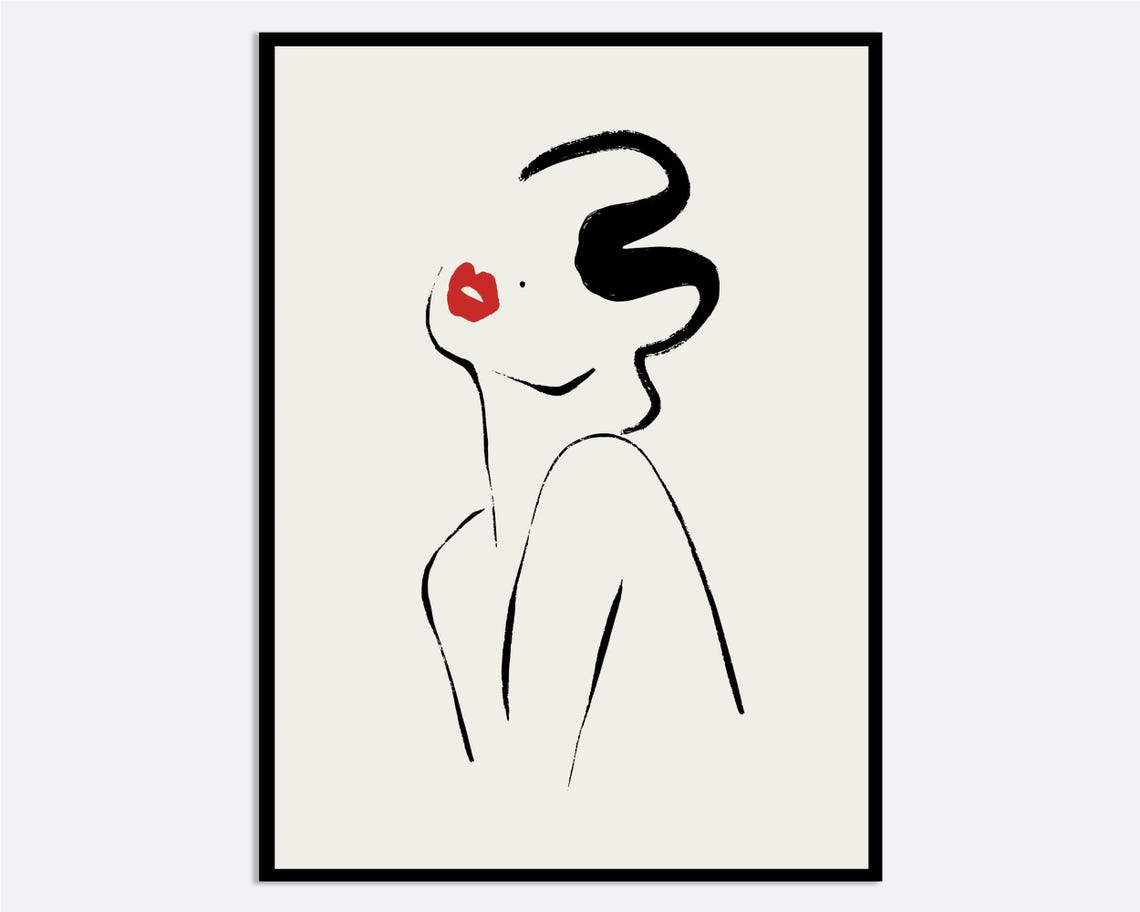 One Line Modern Girl With Red Lips Silhouette Line Art Print | Single ...