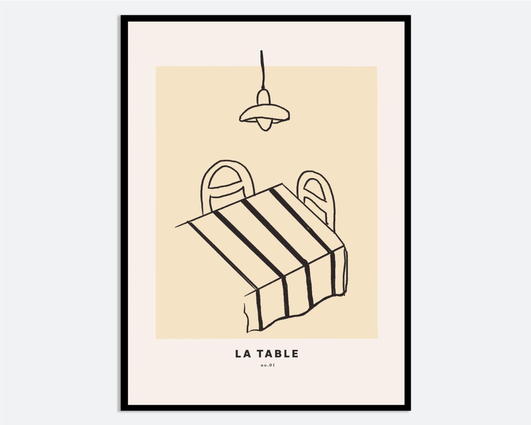 Black Striped Table Line Drawing Kitchen Wall Art Print | Hand Drawn ...