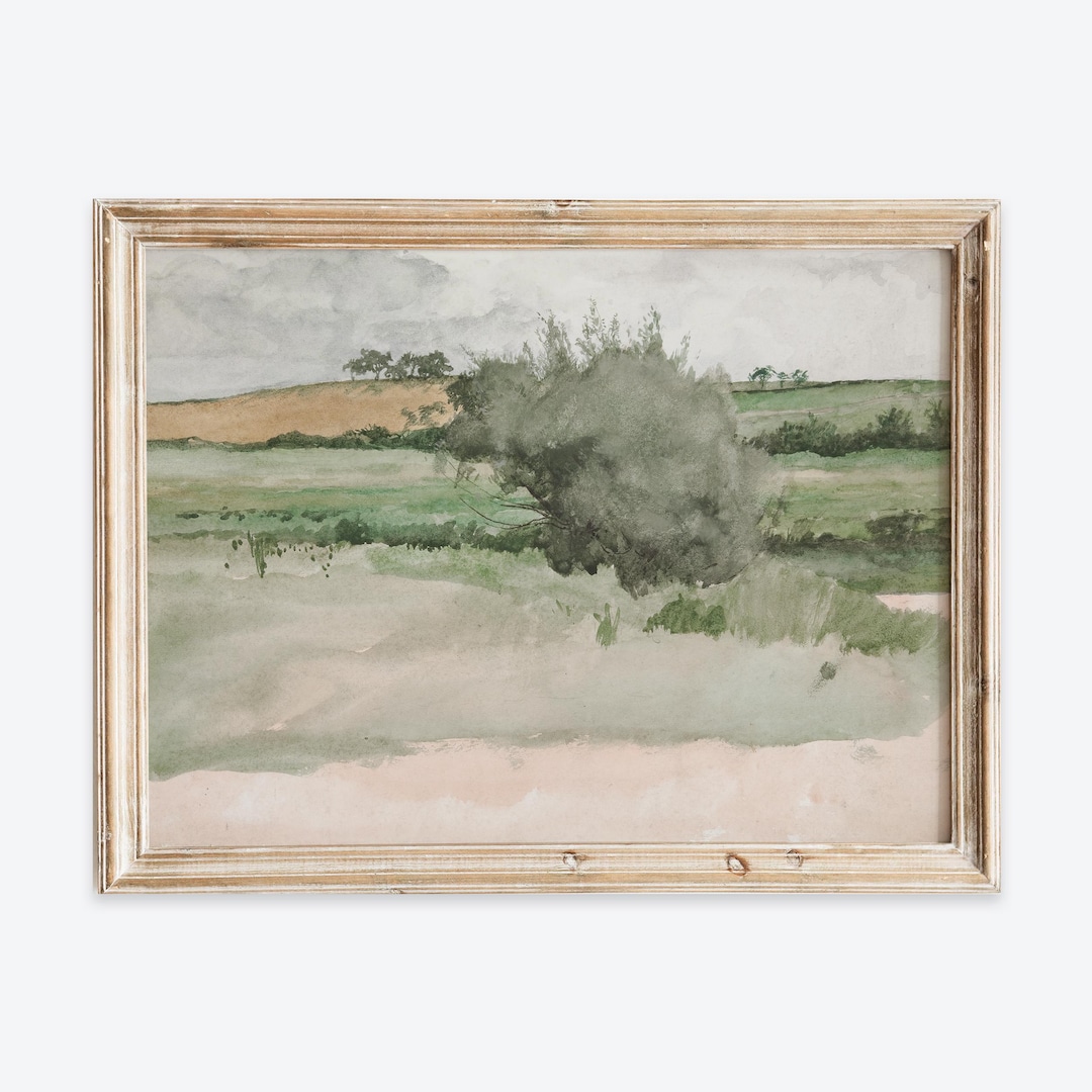 Vintage Landscape Wall Art Print | Antique Green Field Poster, Rustic ...