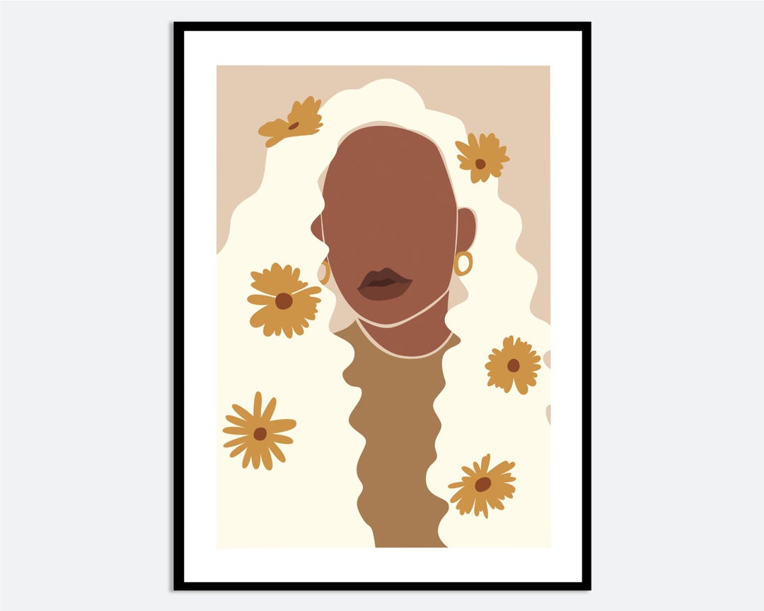Boho Modern Clean Girl With Sunflowers Beige Aesthetics Wall Art Print ...