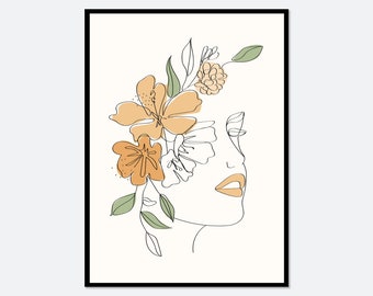 Woman Head of Flowers Line Art Print Minimalist One Line | Etsy