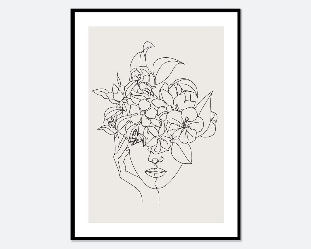 Single Line Woman Head of Flowers Botanical One Line Art Print | Muted ...