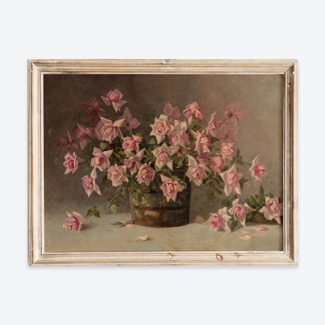 European Vintage Pink Roses Flowers in Vase Still Life Wall Art Print ...