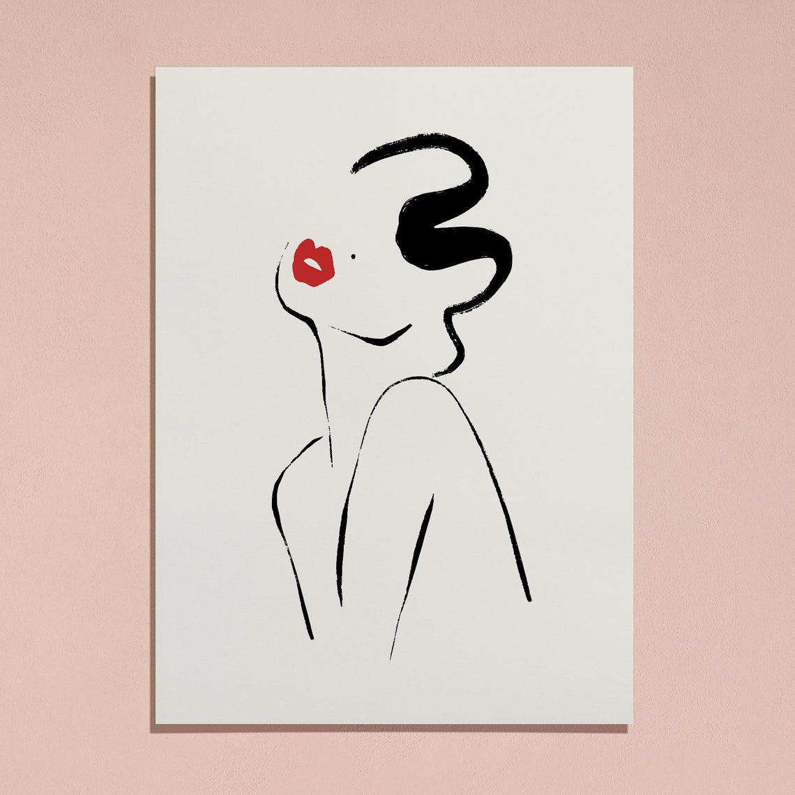 One Line Modern Girl With Red Lips Silhouette Line Art Print | Single ...