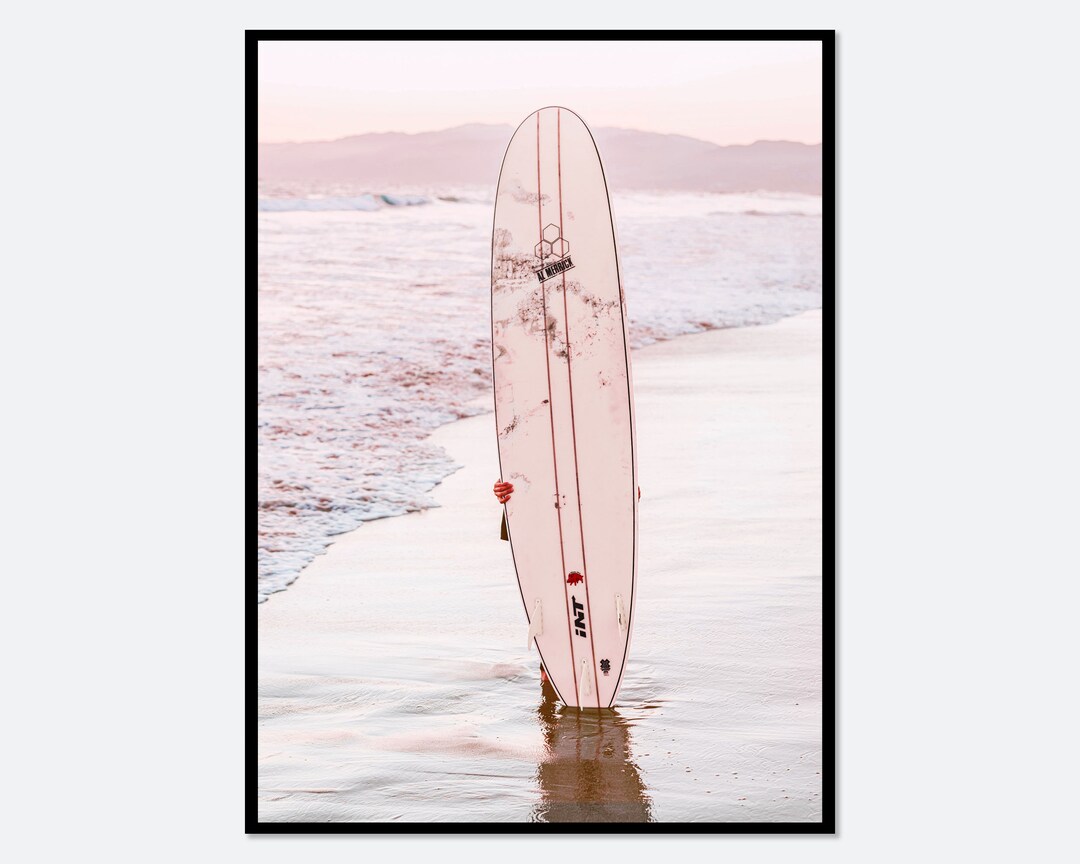 Surfboard on Pink Beach Ocean Waves Summer Art Print | Nature ...