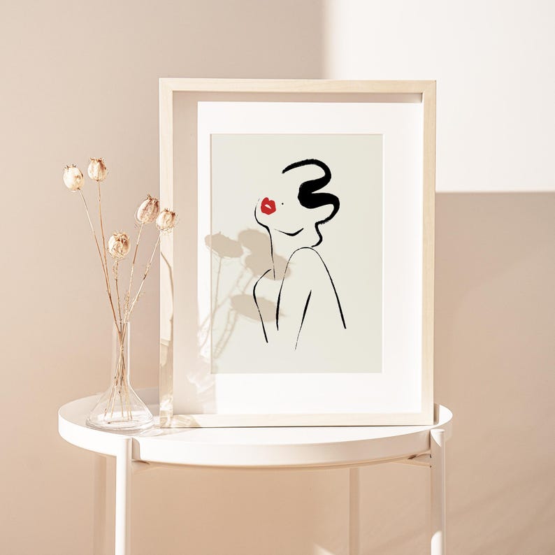 One Line Modern Girl With Red Lips Silhouette Line Art Print | Single ...