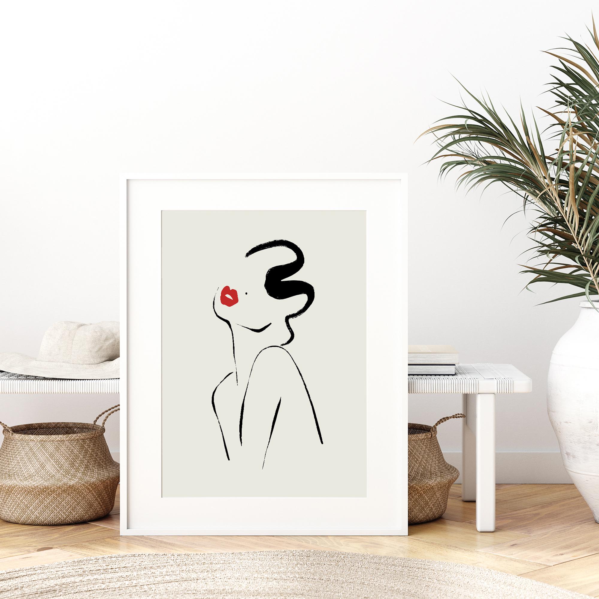One Line Modern Girl With Red Lips Silhouette Line Art Print | Single ...