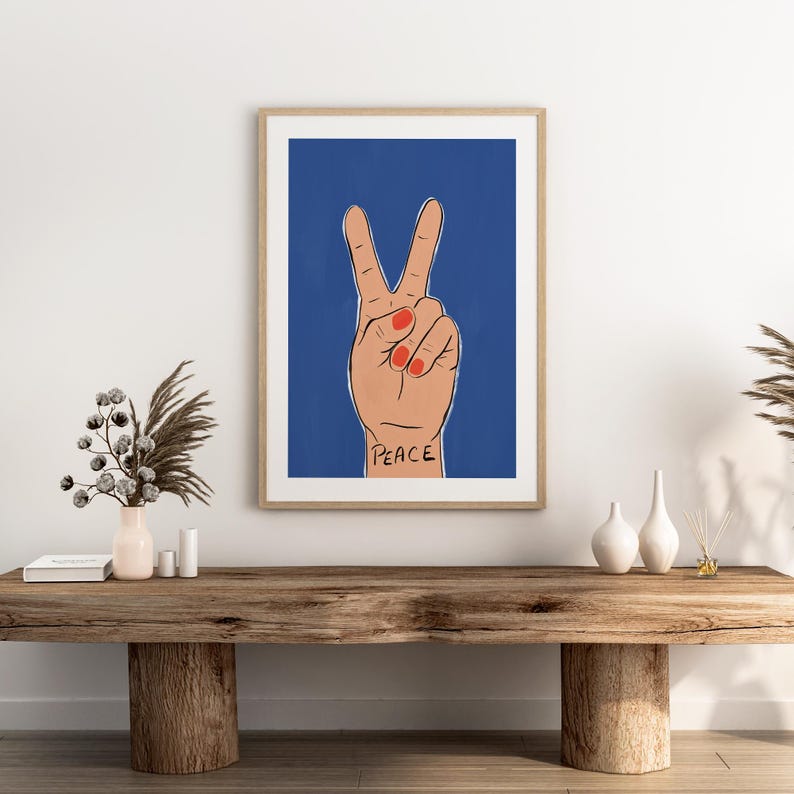 Peace Sign Hand Aesthetic Wall Art Print | Contemporary Hand Drawn ...