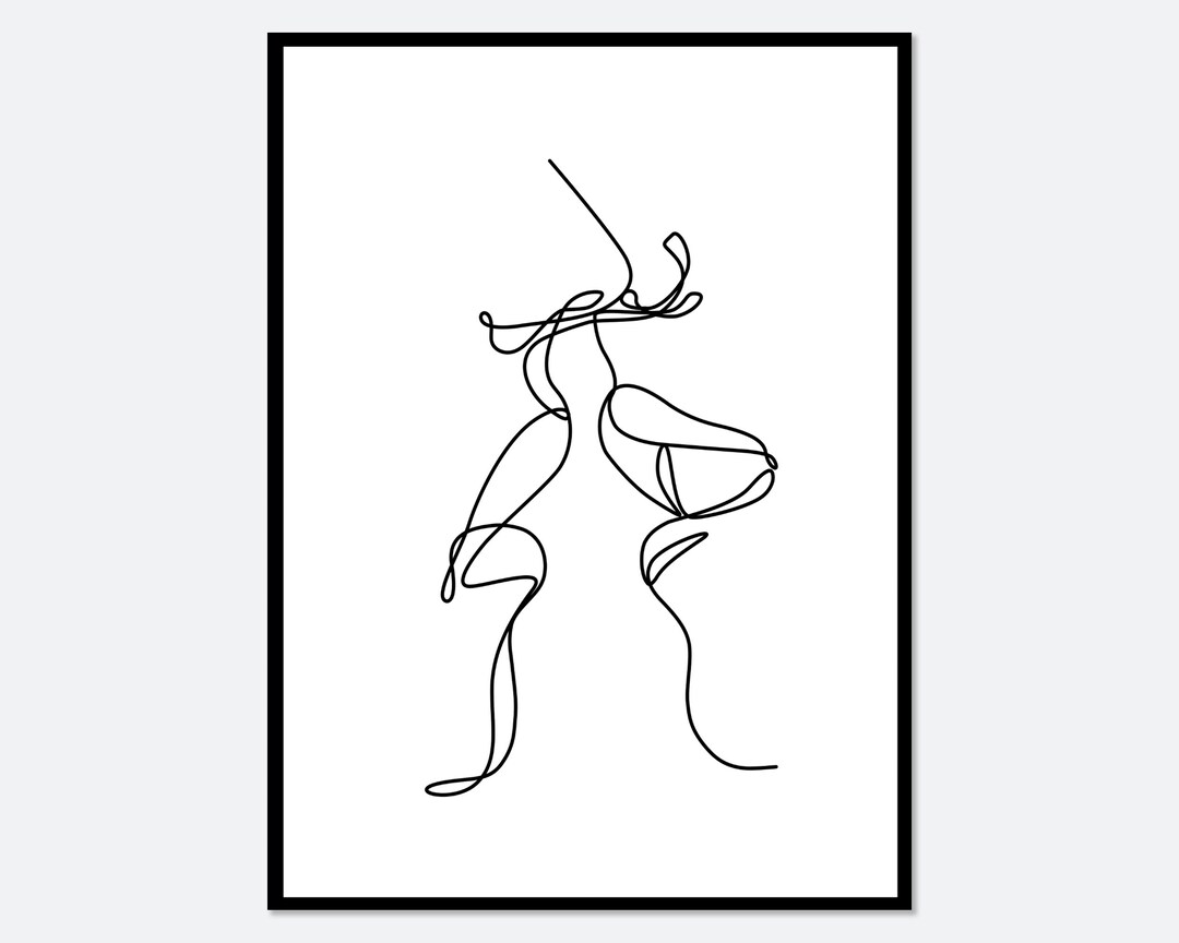 One Line Kissing Couple Line Art Print | Single Line Figure Drawing Art ...