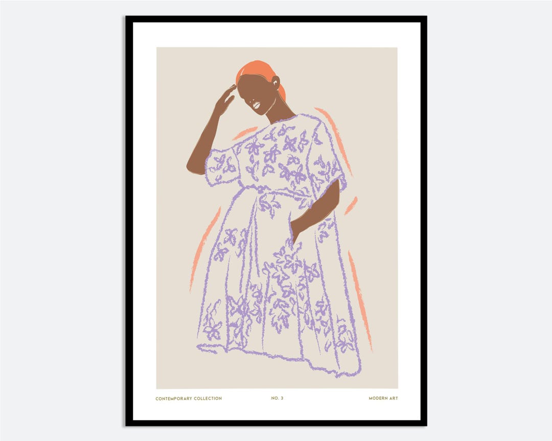 Woman in Purple Floral Dress Wall Art Print | Hand Drawn Contemporary ...