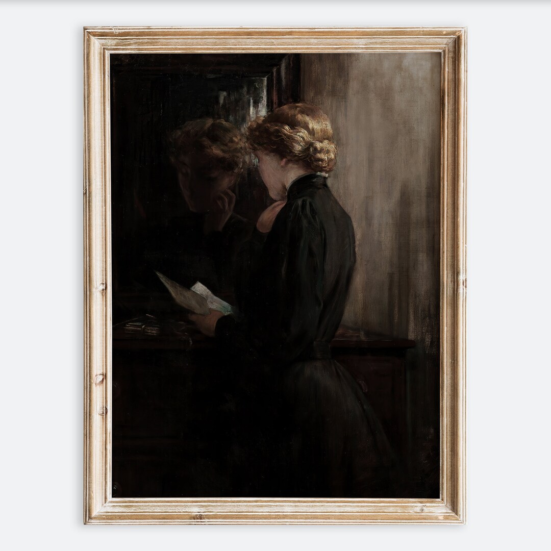 European Vintage Rustic Lady Reading Letter Portrait Oil Painting Wall ...