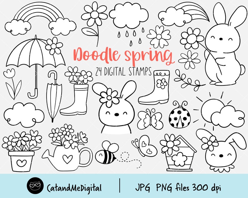 Doodle Spring Digital Stamp Doodle Outline Spring Clipart Hand - Etsy