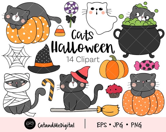 Cats Halloween Clipart Black Cats Clipart Halloween Treats | Etsy