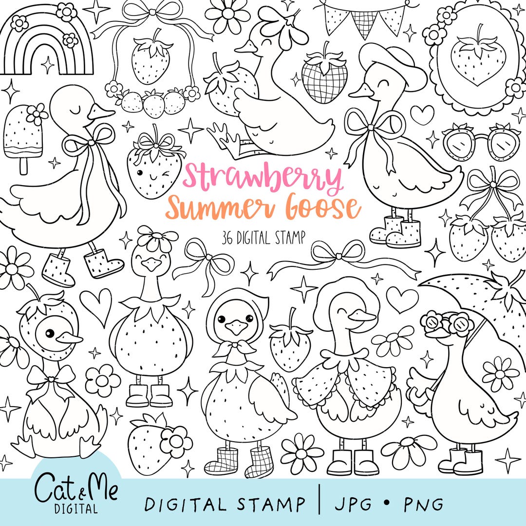 Strawberry Summer Goose Digital Stamp Doodle Silly Goose Stamp Groovy ...