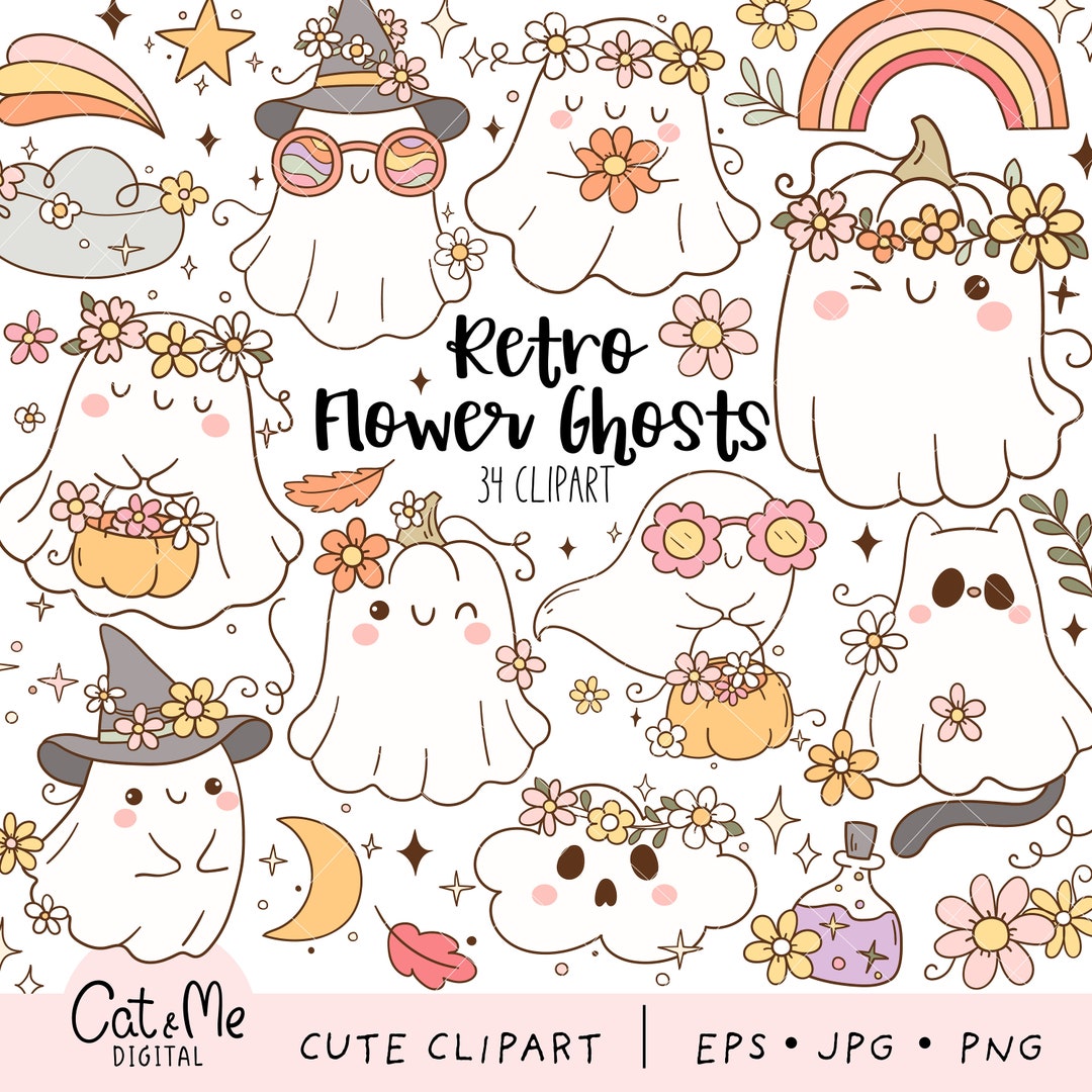 Retro Flower Ghost Clipart Halloween Clipart Spooky Girly Png Hippie ...