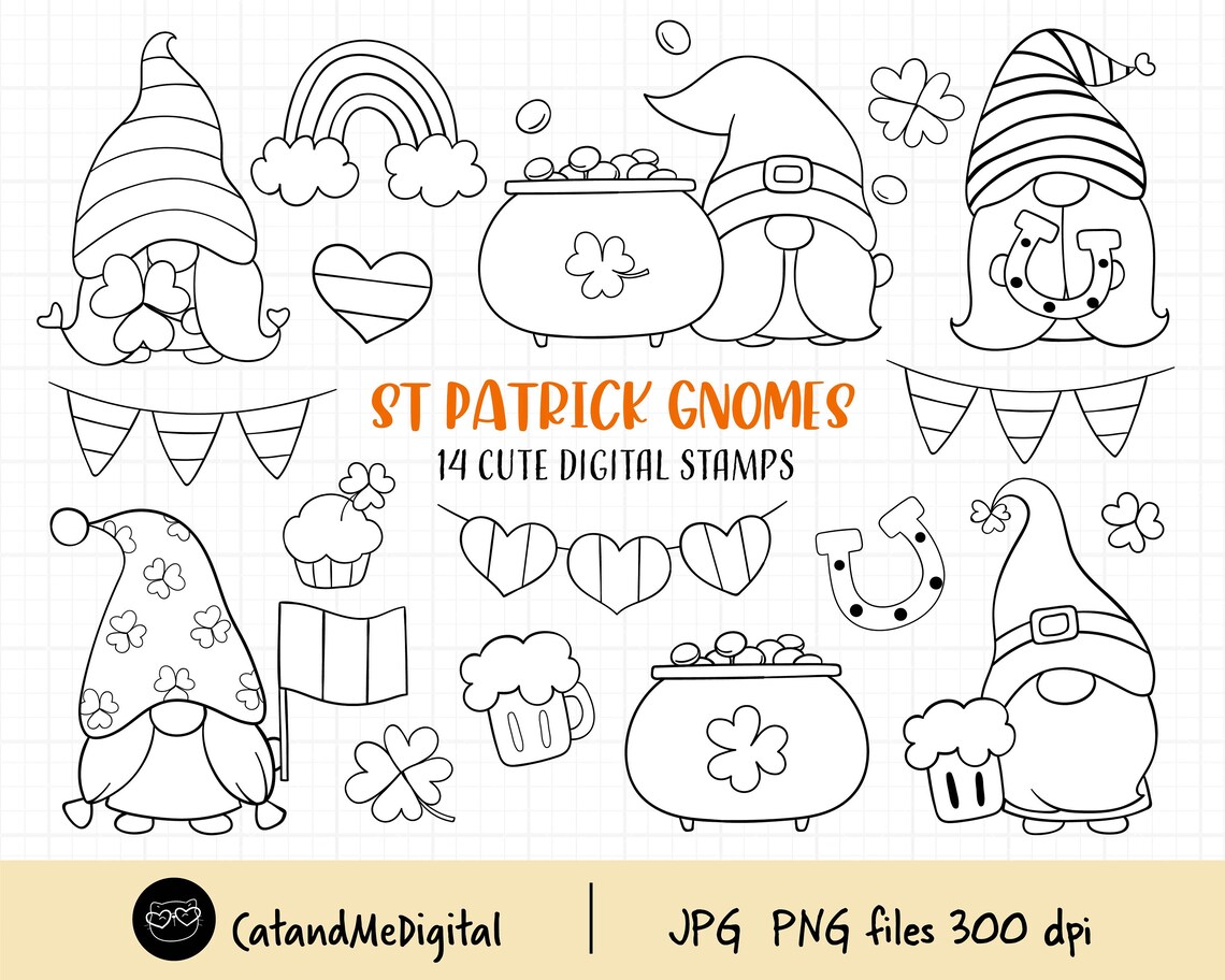 Digital Stamp St Patrick Gnomes Gnome Clipart Gnome Outline | Etsy