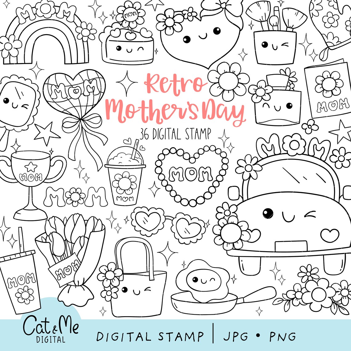 Retro Mother's Day Digital Stamp Outline Mom Png Doodle Flower Mothers ...