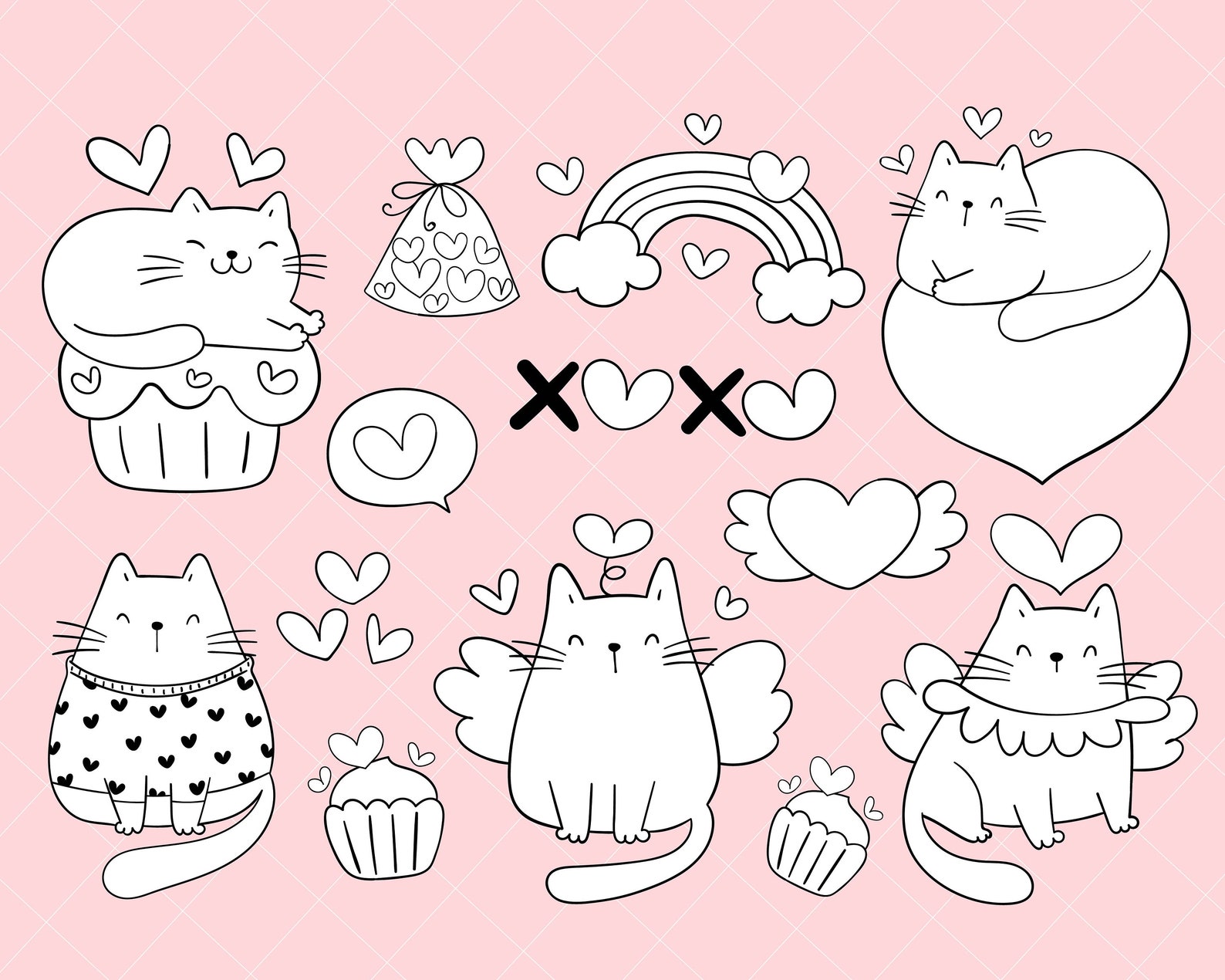 Valentine Cat Digital Stamp Clipart Cat Clipart Cat Outline | Etsy