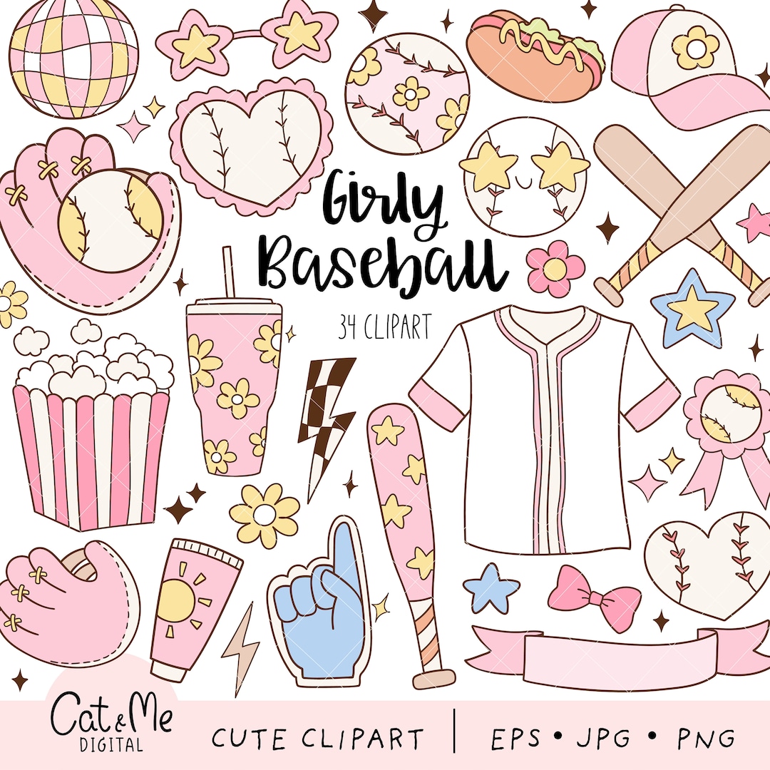 Retro Girly Baseball Clipart Pink Girl Baseball Png Trendy Sport Png ...