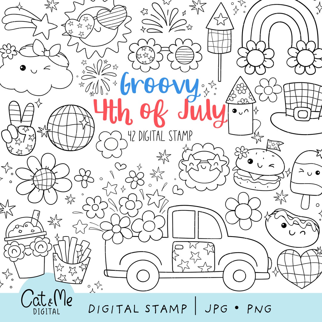 Groovy 4th of July Digital Stamp Doodle Outline Coloring Retro Fourth ...