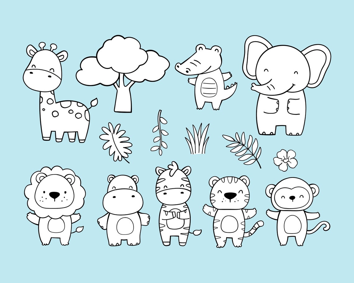 Safari Animals Digital Stamp Wild Animals Clipart Outline Coloring Baby ...