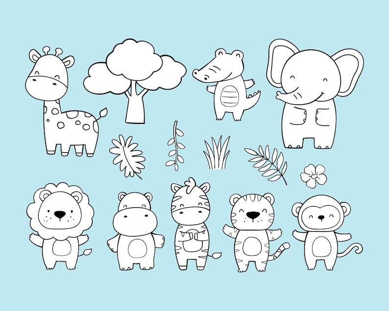 Safari Animals Digital Stamp Wild Animals Clipart Outline | Etsy