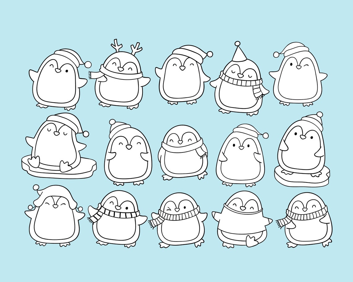 Penguin Digital Stamp Doodle Penguin Christmas Clipart Penguin - Etsy