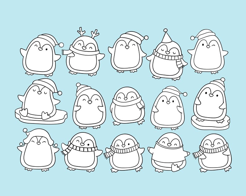 Penguin Digital Stamp Doodle Penguin Christmas Clipart Penguin - Etsy