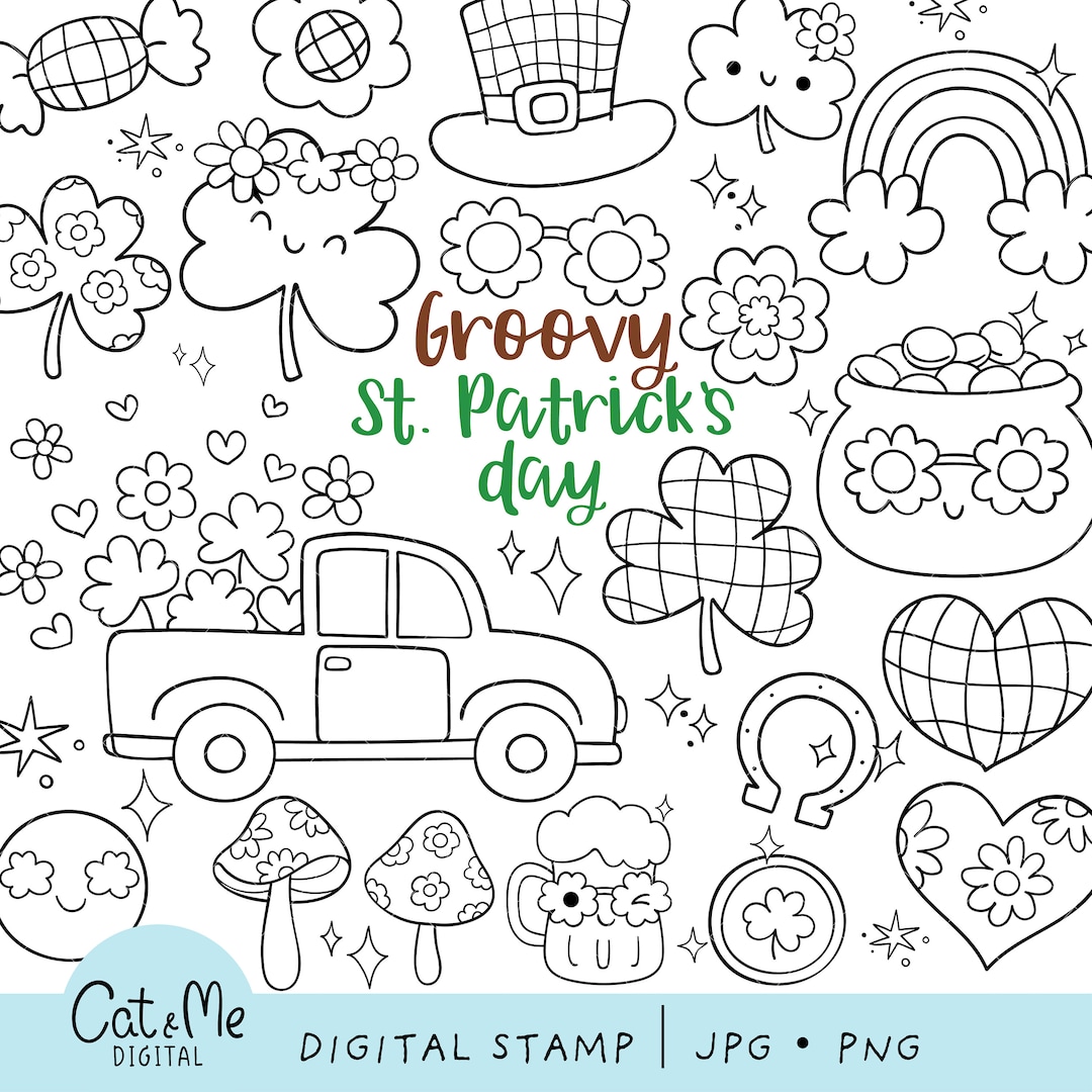 Groovy Retro St. Patrick's Day Digital Stamp Doodle Outline Coloring ...