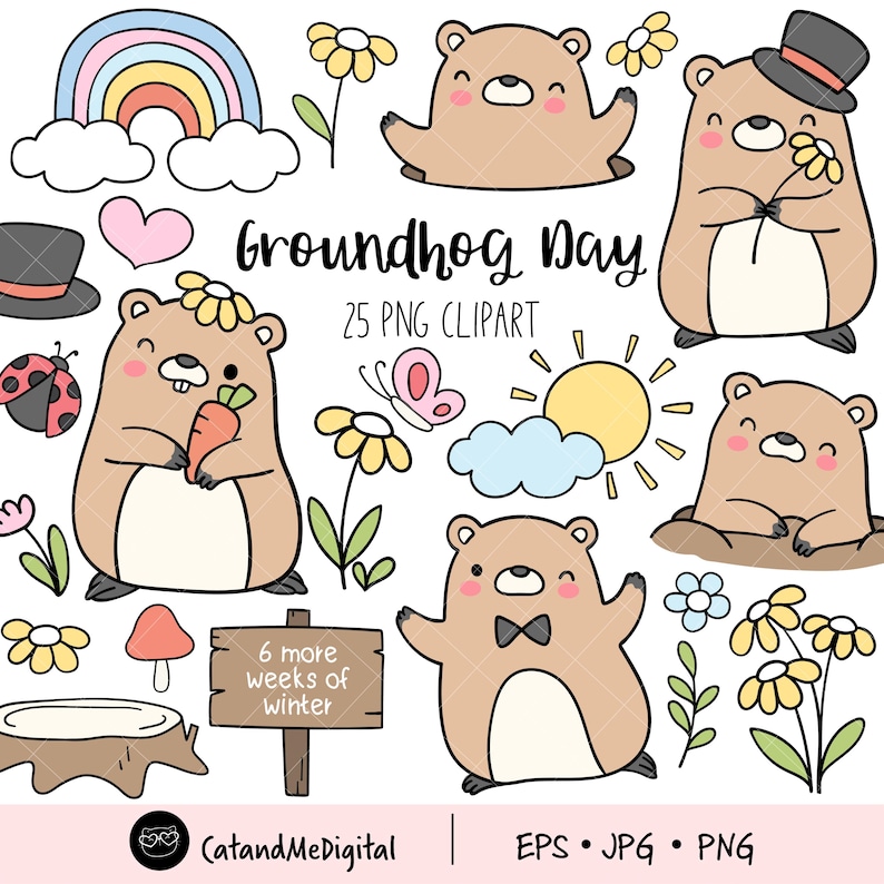 Doodle Groundhog Day Clipart Cute Animal Clipart Spring Clipart Happy ...