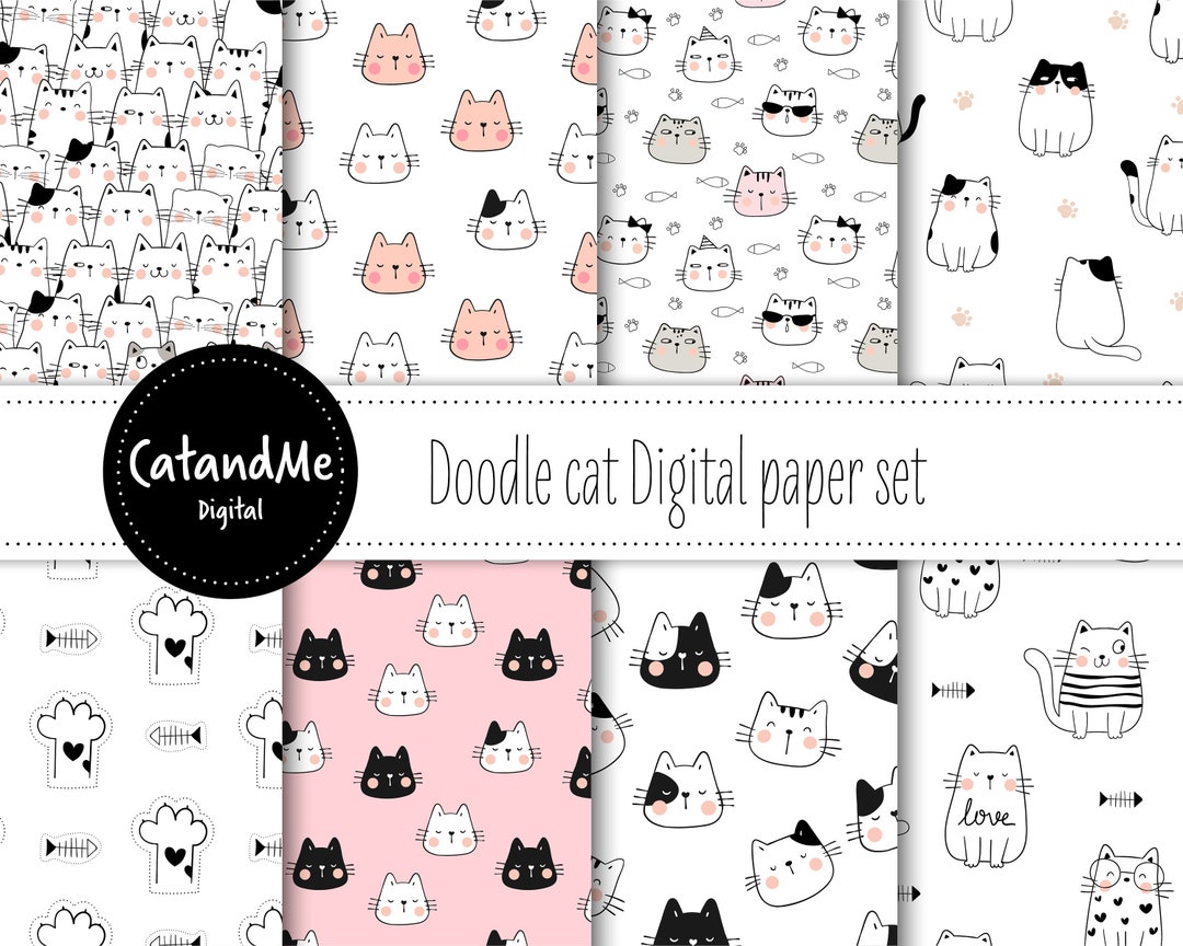 Doodle Cat Digital Paper Set, Happy Kitten Patterns, Happy Cat ...