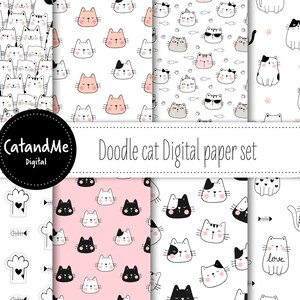 Doodle Cat Digital Paper Set, Happy Kitten Patterns, Happy Cat ...