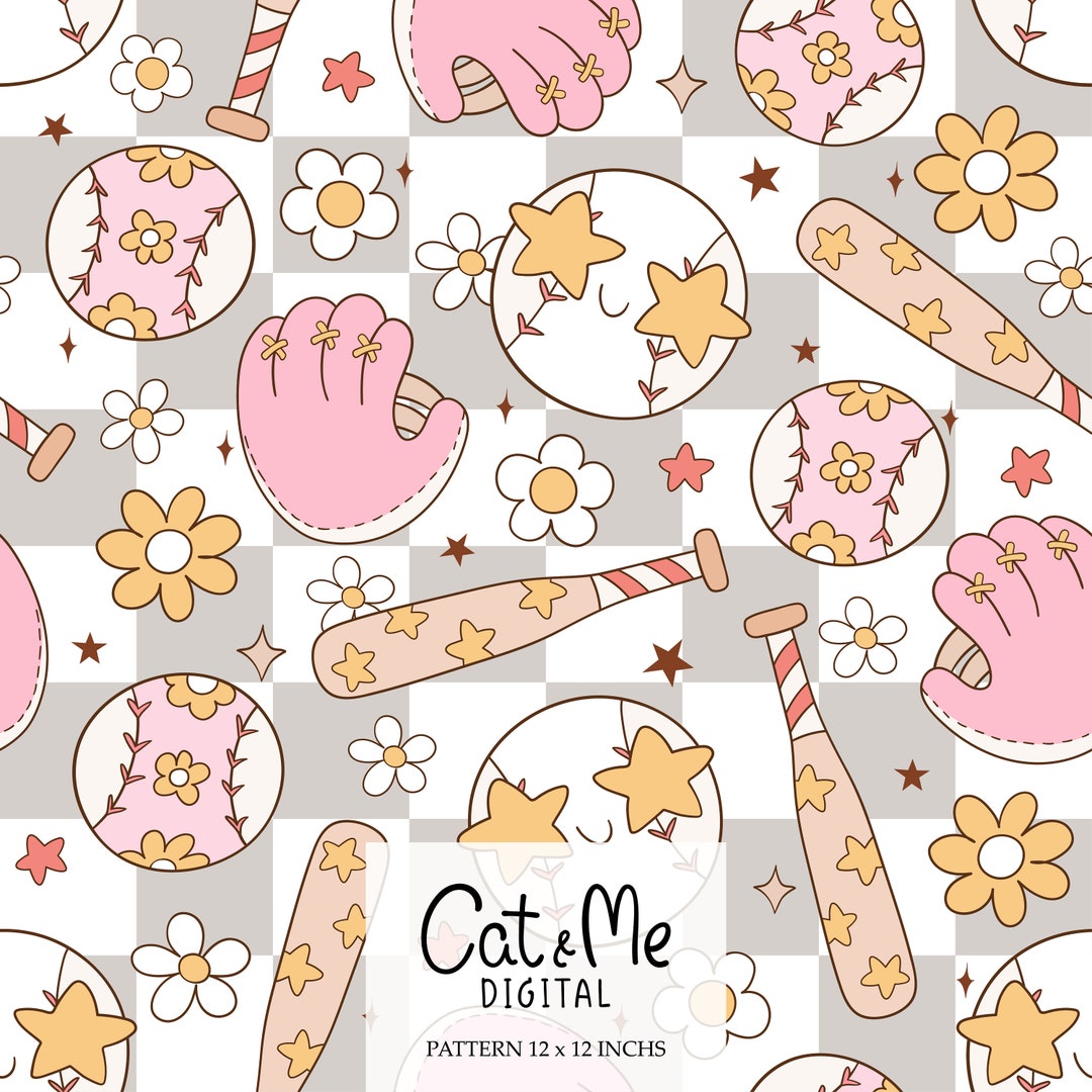 Checkered Girly Baseball Pattern Retro Flower Baseball Pattern Baseball ...