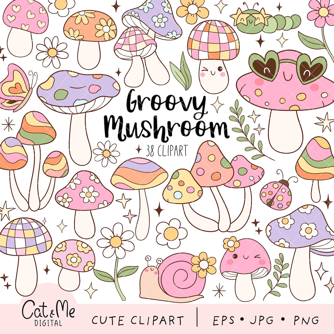Groovy Retro Mushrooms Clipart Flower Power Clipart Cottagecore Clipart ...
