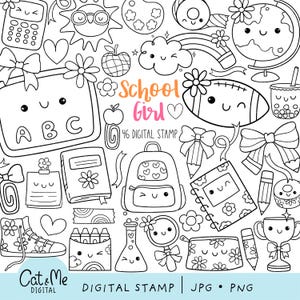 Doodle School Girl Digital Stamp Outline School Supplies Png Back to ...