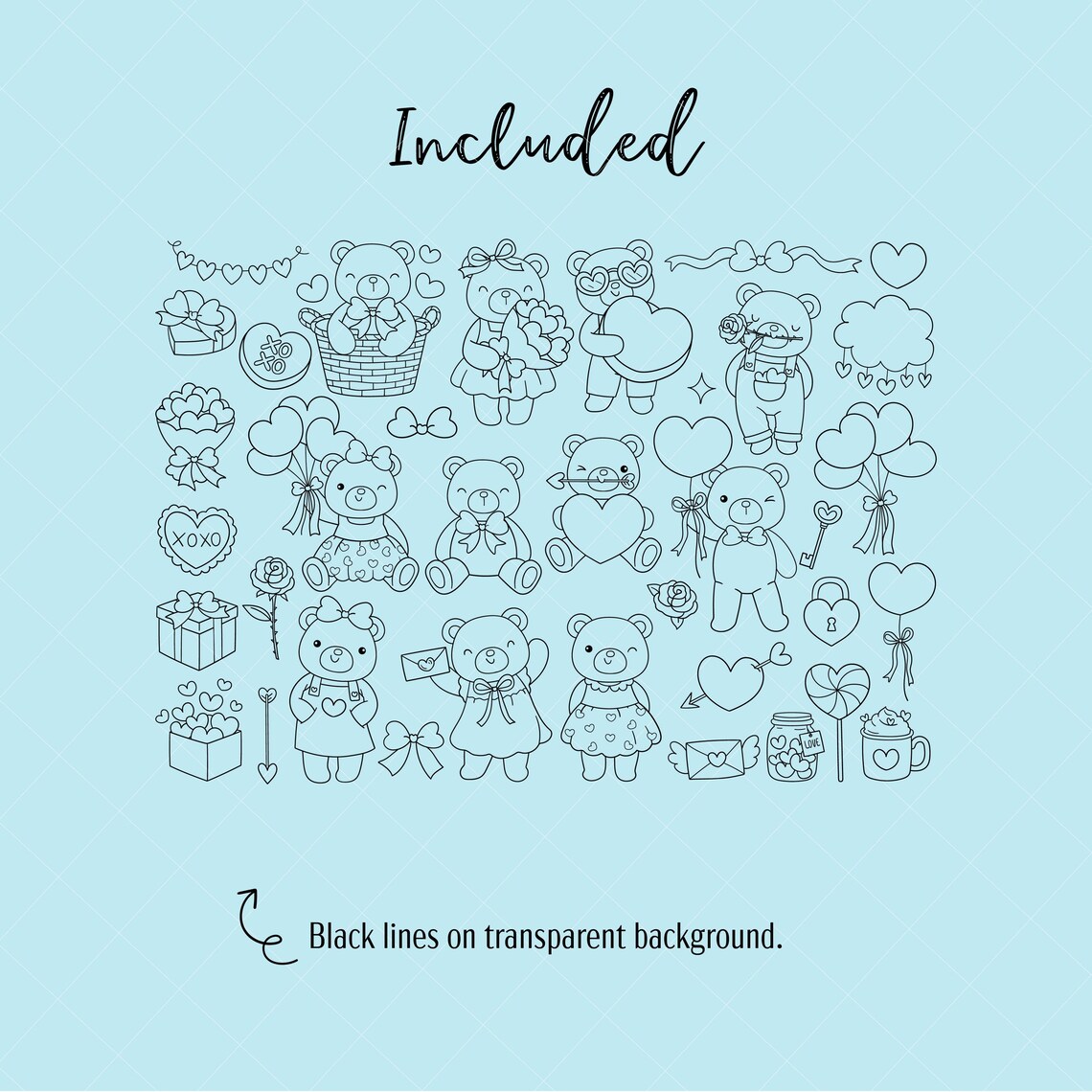 Sweet Teddy Bears Digital Stamp, Valentine’ Day Png, Doodle Love Bear ...