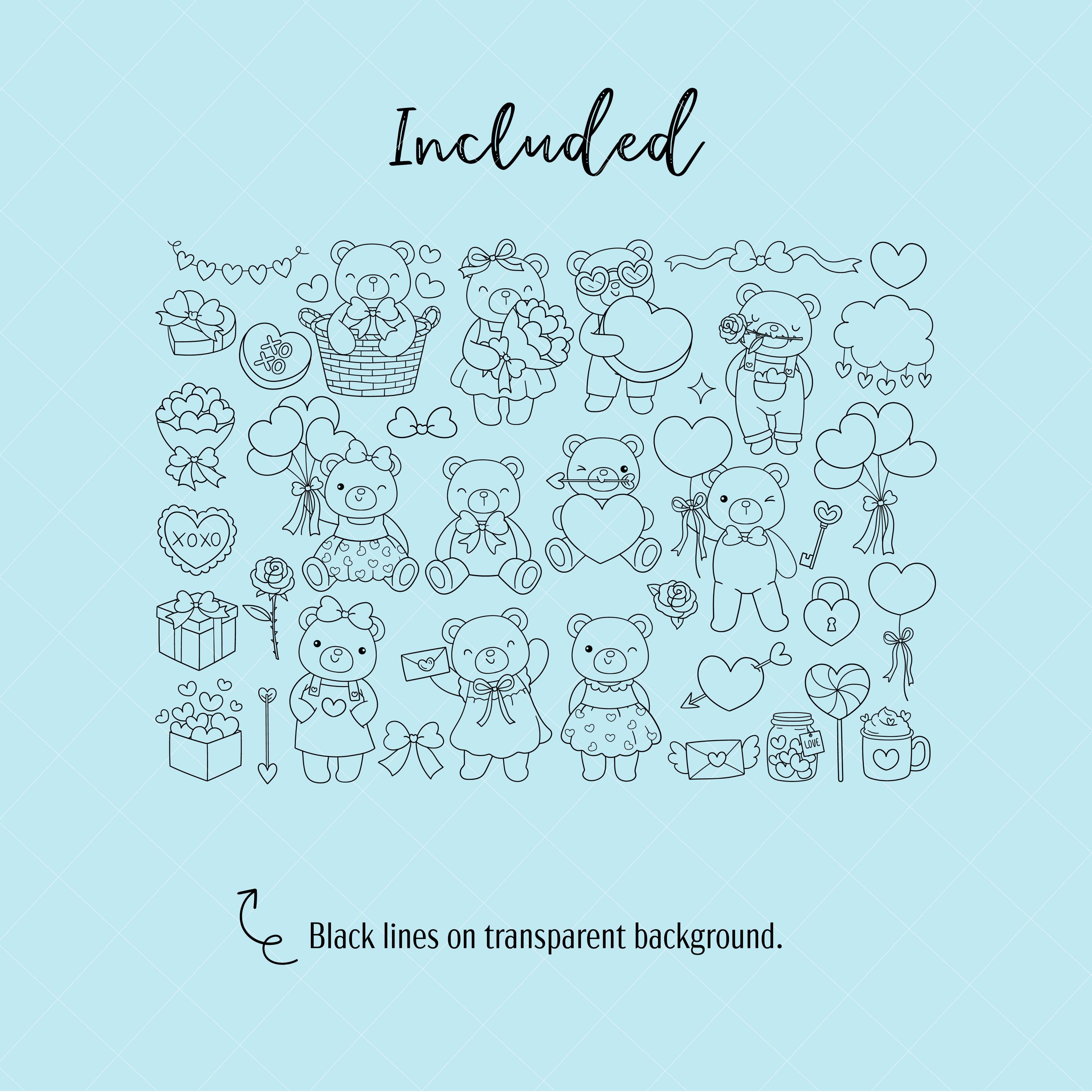Sweet Teddy Bears Digital Stamp, Valentine’ Day Png, Doodle Love Bear ...