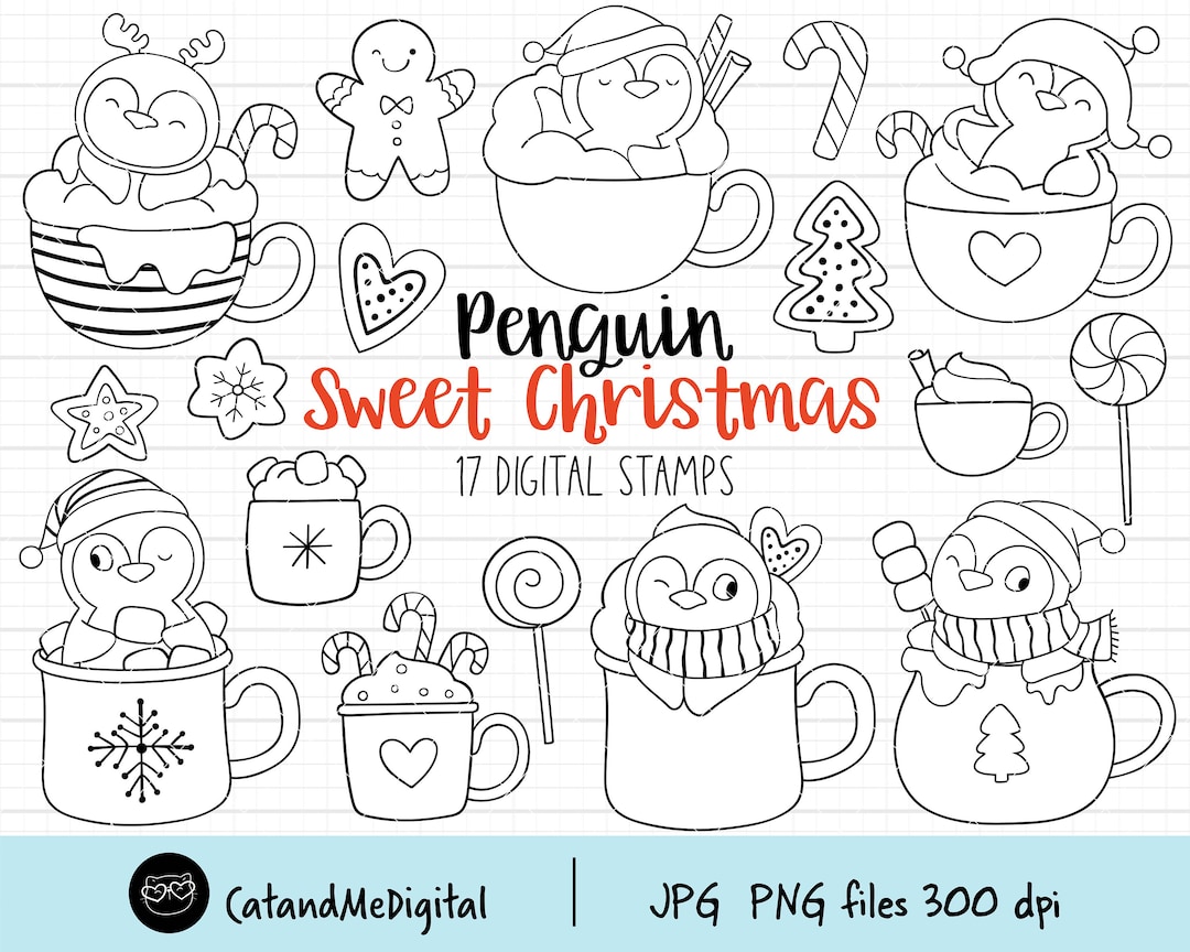 Sweet Christmas Digital Stamp Penguin Clipart Winter Drinks Hot ...