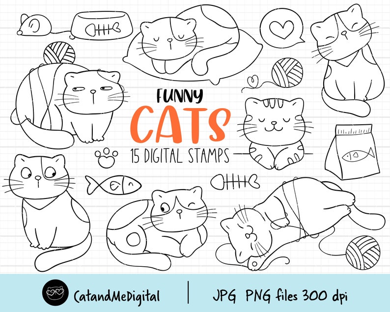 Funny Cats Digital Stamp Outline Coloring Cat Png Kitten | Etsy