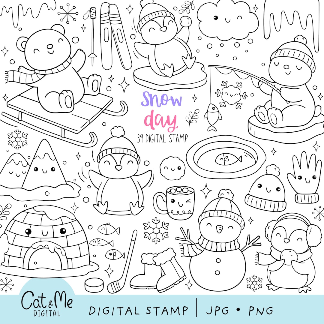 Doodle Snow Day Digital Stamp, Cozy Coloring, Outline Winter Things ...