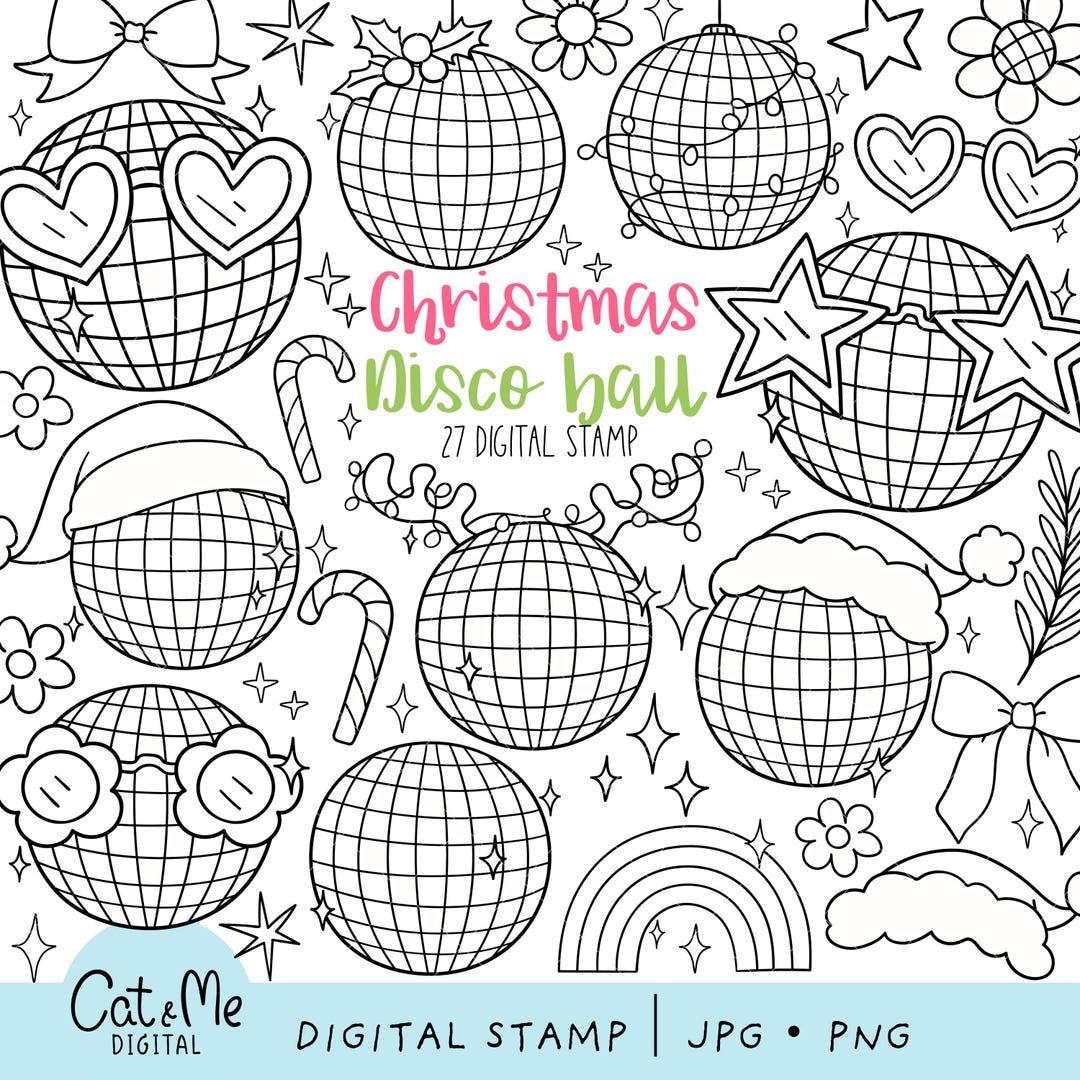 Christmas Disco Ball Digital Stamp Outline Groovy Christmas Stamp ...