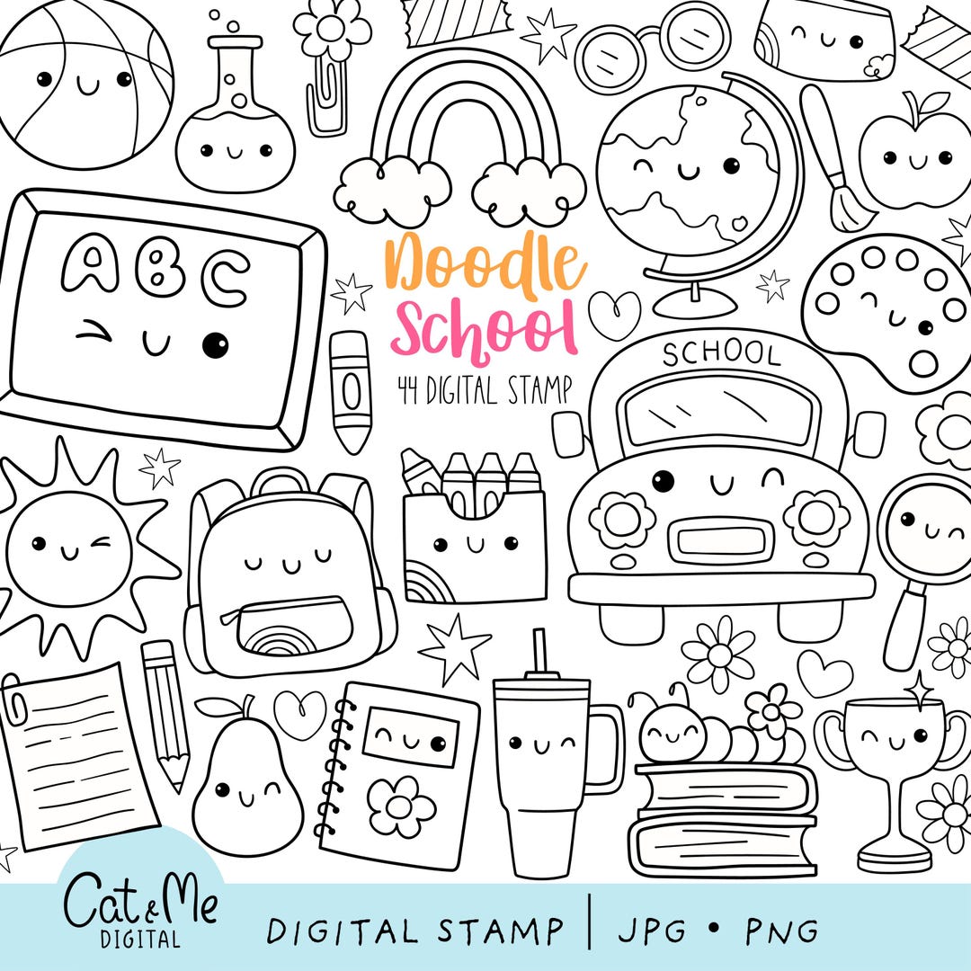 Doodle School Digital Stamp Outline School Coloring Funny Back to ...