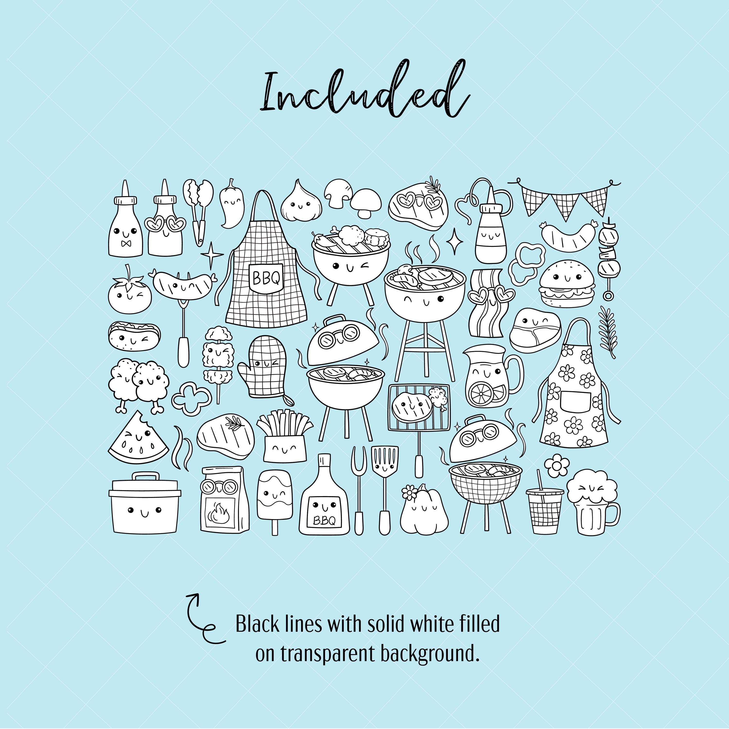 Barbecue Party Digital Stamp Outline Summer BBQ Png Doodle Grill Food ...