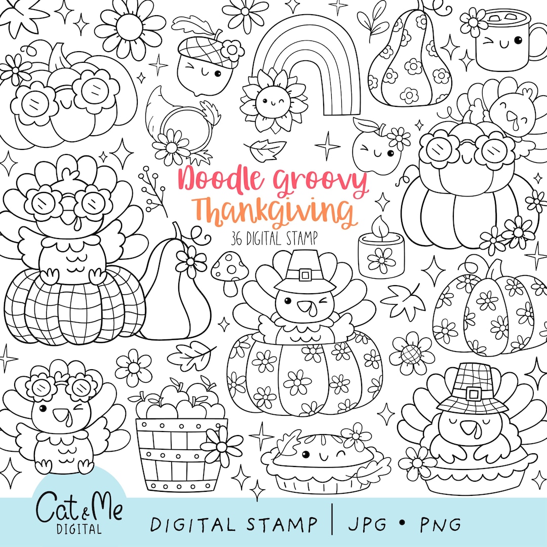 Doodle Groovy Thanksgiving Digital Stamp Outline Thanksgiving Day Fall ...