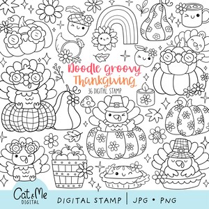 Doodle Groovy Thanksgiving Digital Stamp Outline Thanksgiving Day Fall ...