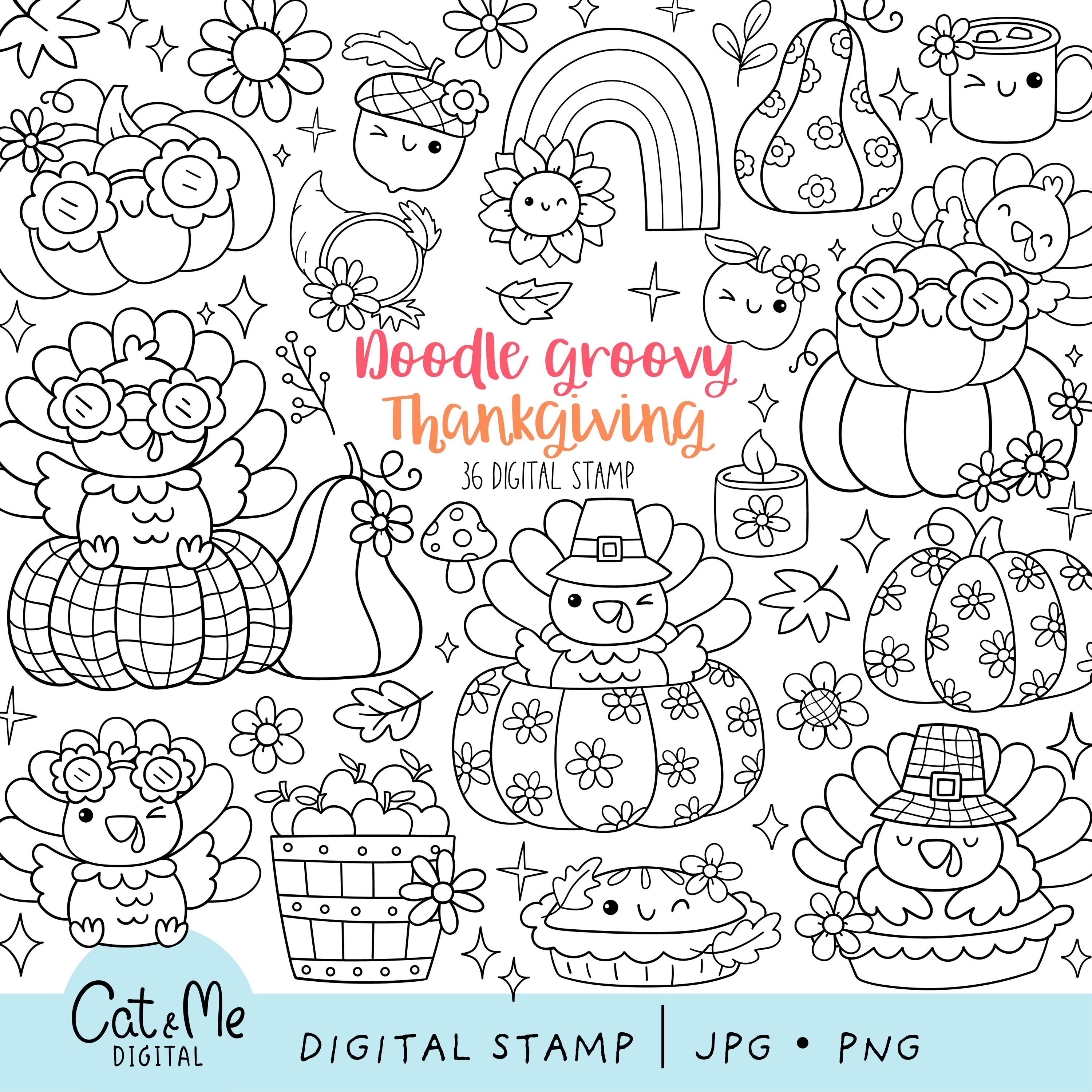 Doodle Groovy Thanksgiving Digital Stamp Outline Thanksgiving Day Fall ...