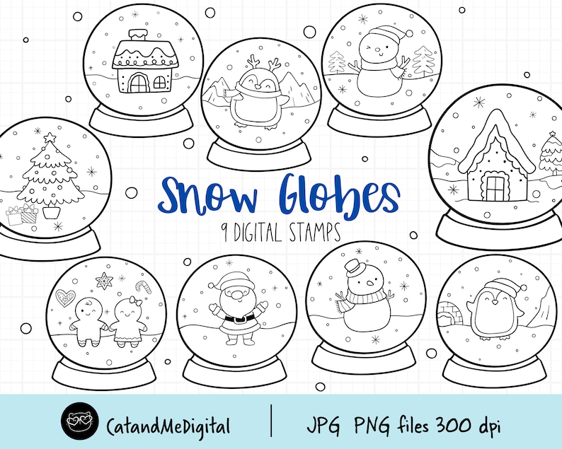 Snow Globes Digital Stamp Snowman Clipart Snow Globe Christmas Winter ...